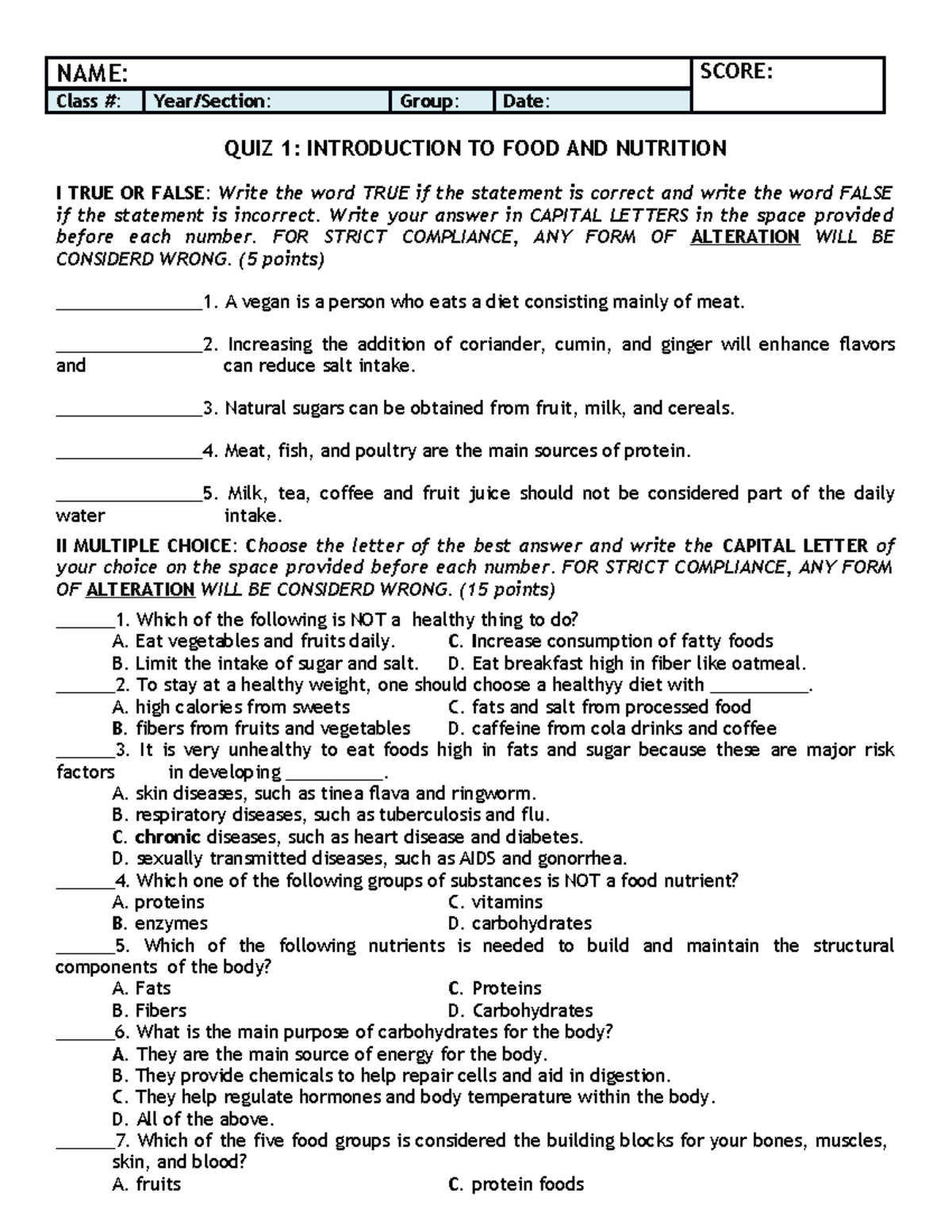 Health 7 2nd quiz 1 intro to food and nutrition - NAME: SCORE: Class ...