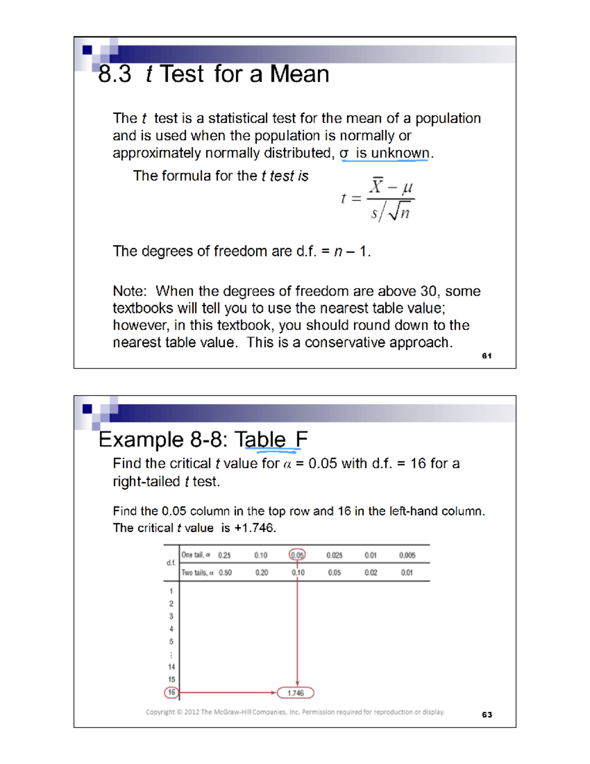Stats chap 8 - For coursework. - 8 t Test for a Mean The t test is a ...
