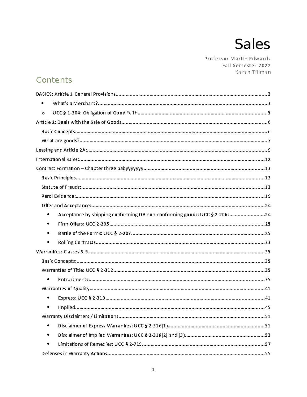 Sales Outline - Sales Sarah Tillman - Fall Semester Professor Martin ...