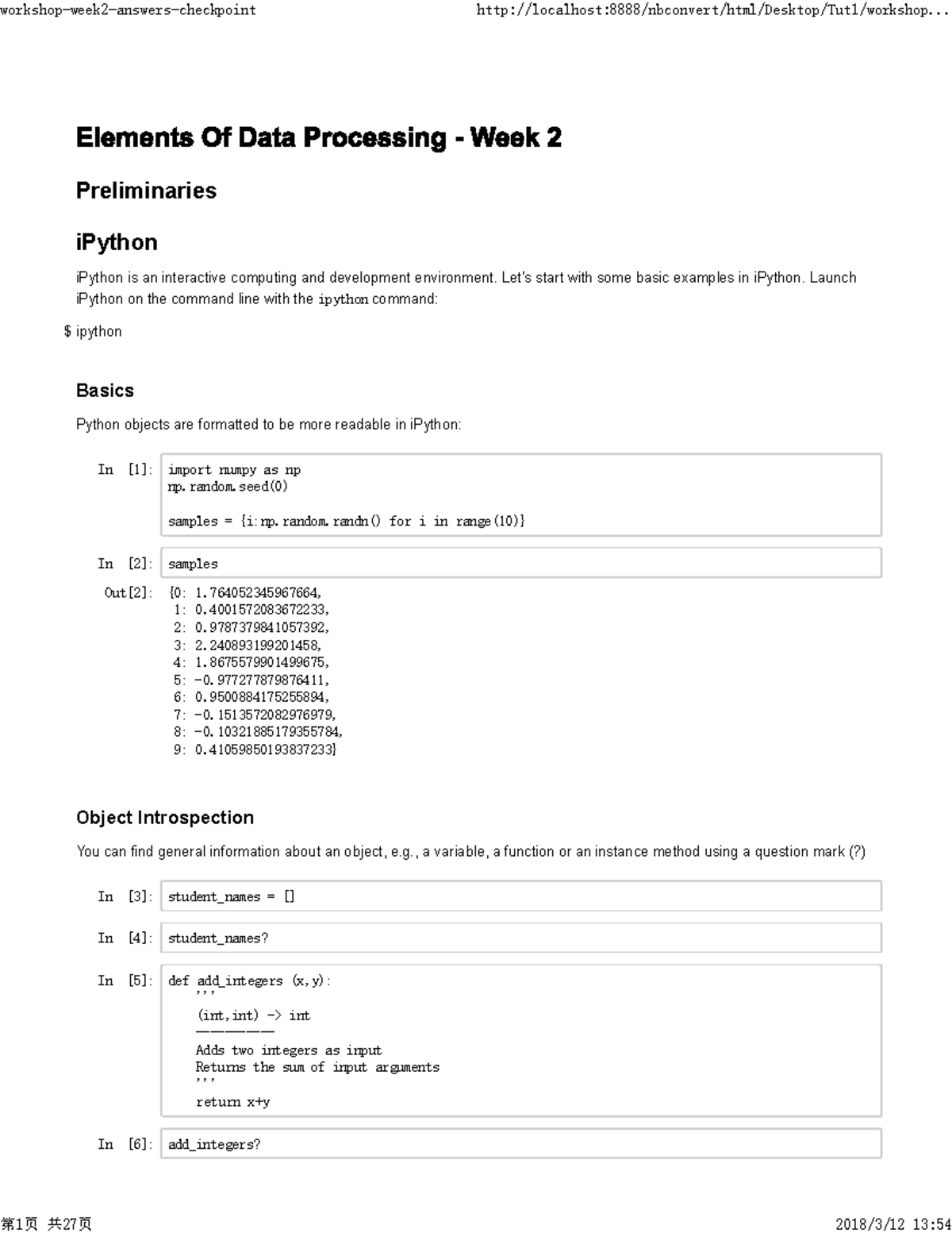 Workshop week2 answers checkpoint - Preliminaries iPython iPython is an ...