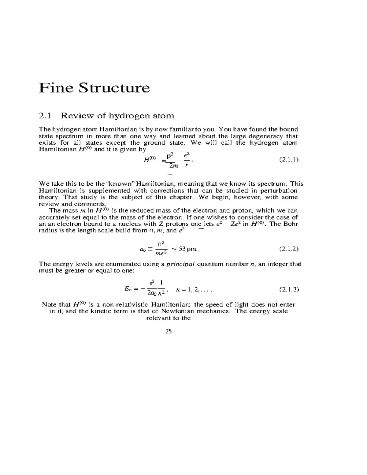 Hydrogen FINE Structure - → Fine Structure 2 Review of hydrogen atom ...