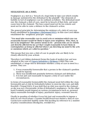 Tort of Negligence Damage and Injury - In order for a claim of tortuous ...