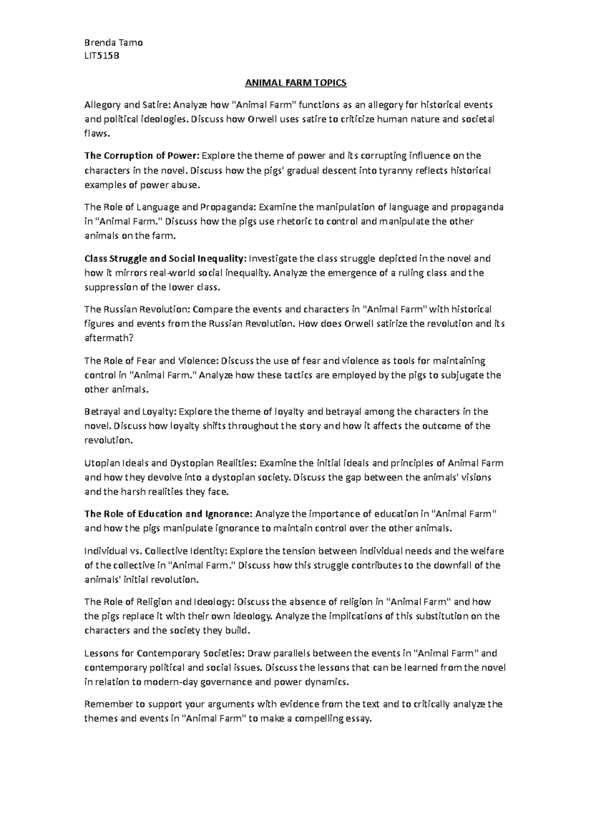 Animal FARM Topics - LIT515B ANIMAL FARM TOPICS Allegory and Satire ...