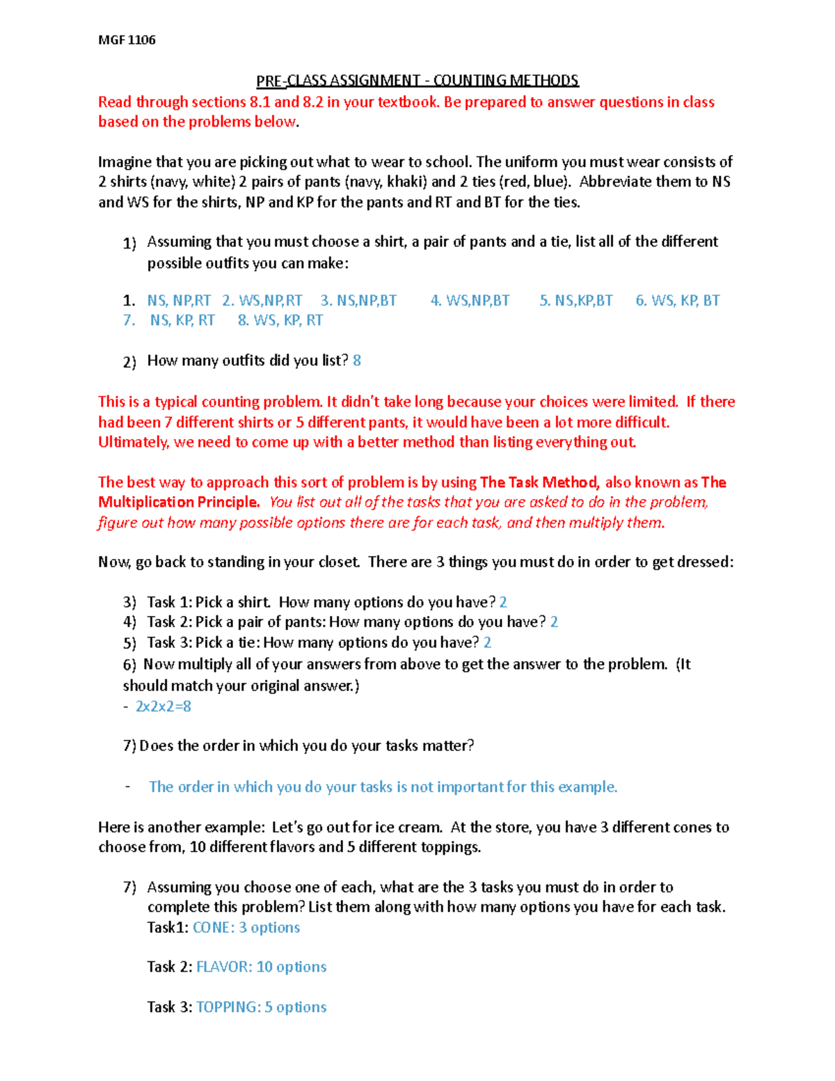 Pre-Class Week 5 (Intro to Counting) Fall - MGF 1106 PRE-CLASS ASSIGNMENT - COUNTING METHODS ...
