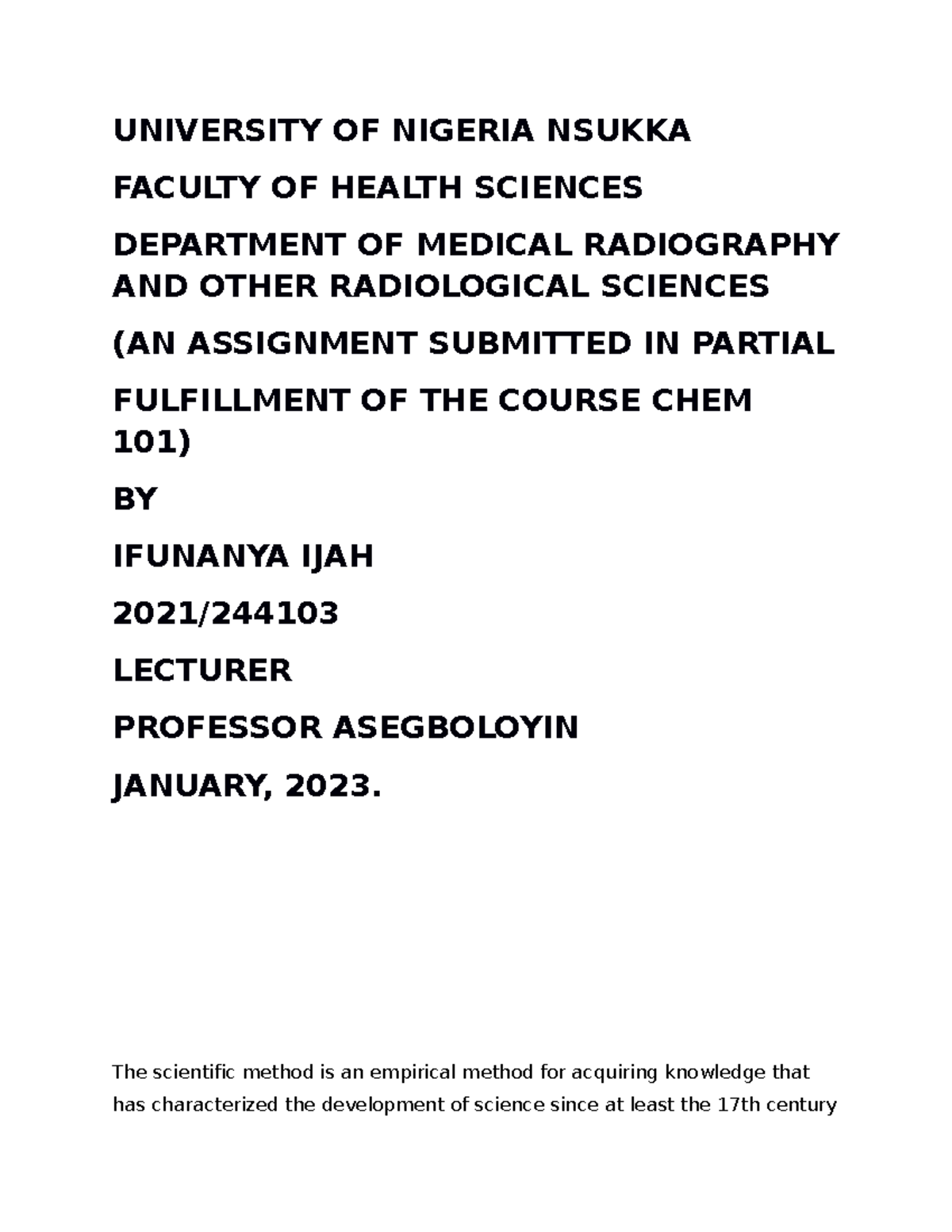 Scientific method - UNIVERSITY OF NIGERIA NSUKKA FACULTY OF HEALTH ...