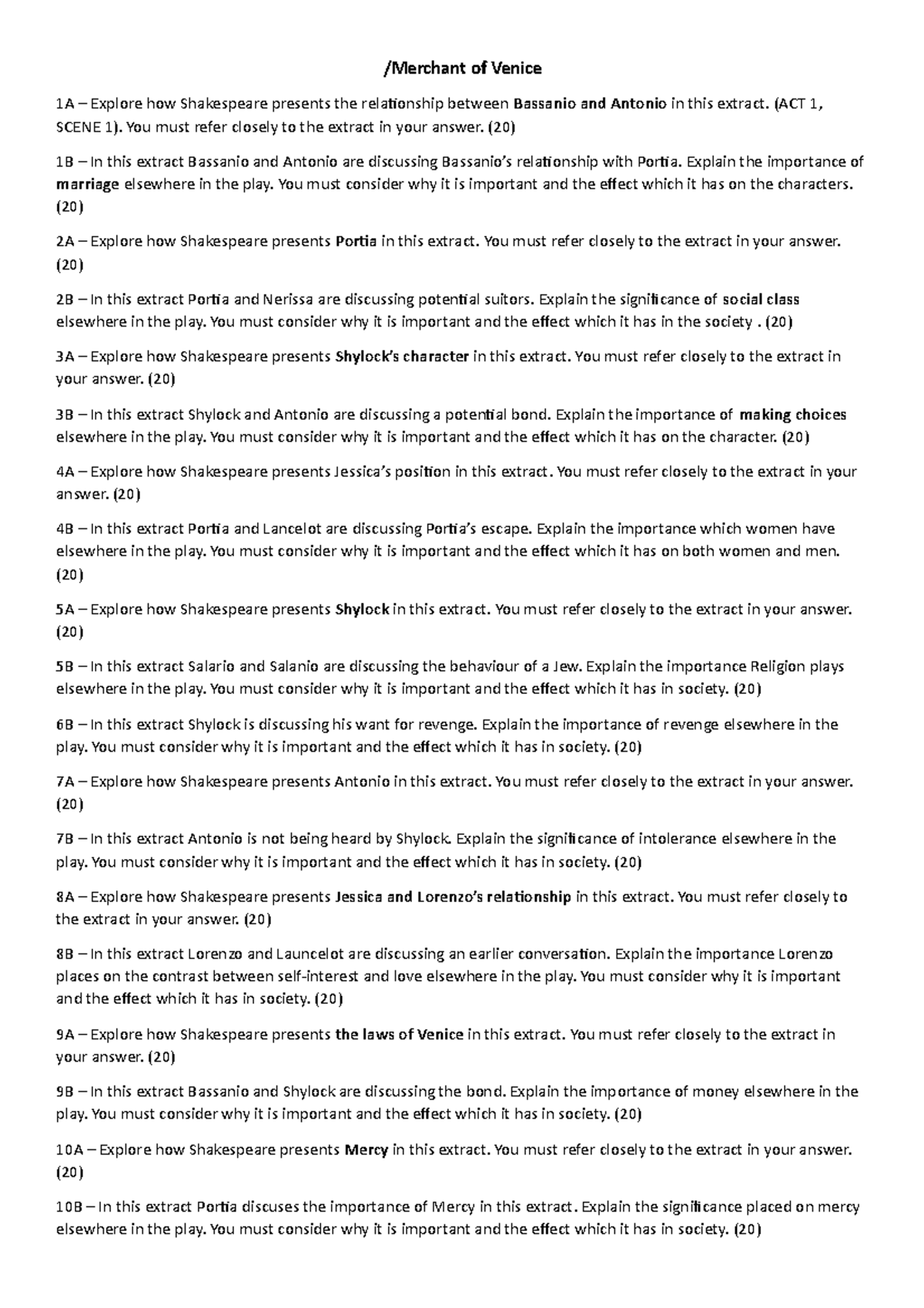 English Lit Practice Q's - /Merchant of Venice 1A – Explore how ...