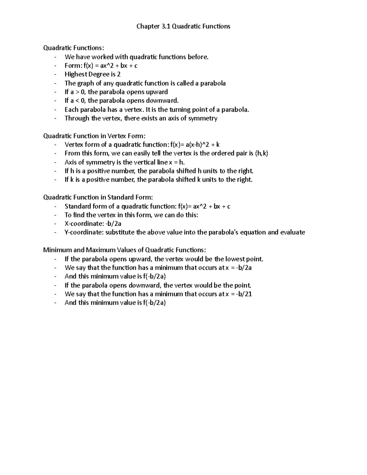 Chapter 3.1 Notes - Chapter 3 Quadratic Functions Quadratic Functions ...