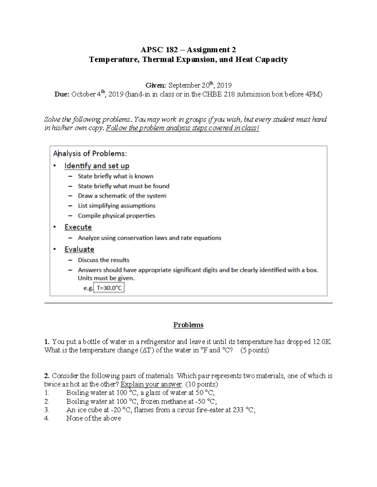 APSC 182 – Assignment 2 v2 - APSC 182 – Assignment 2 Temperature, Thermal Expansion, and Heat ...