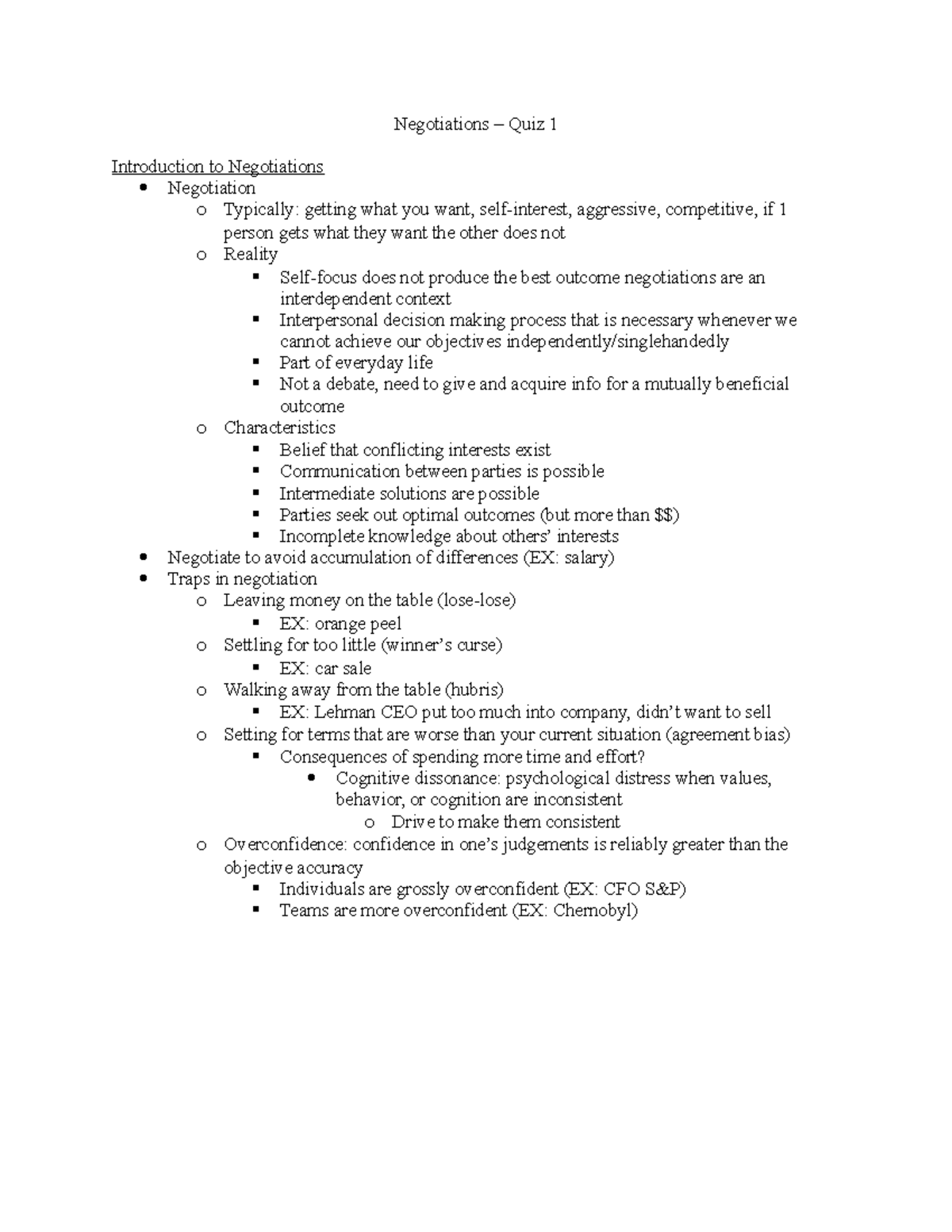 Negotiations – Quiz 1, 2, 3 - Negotiations – Quiz 1 Introduction to Negotiations Negotiation o ...