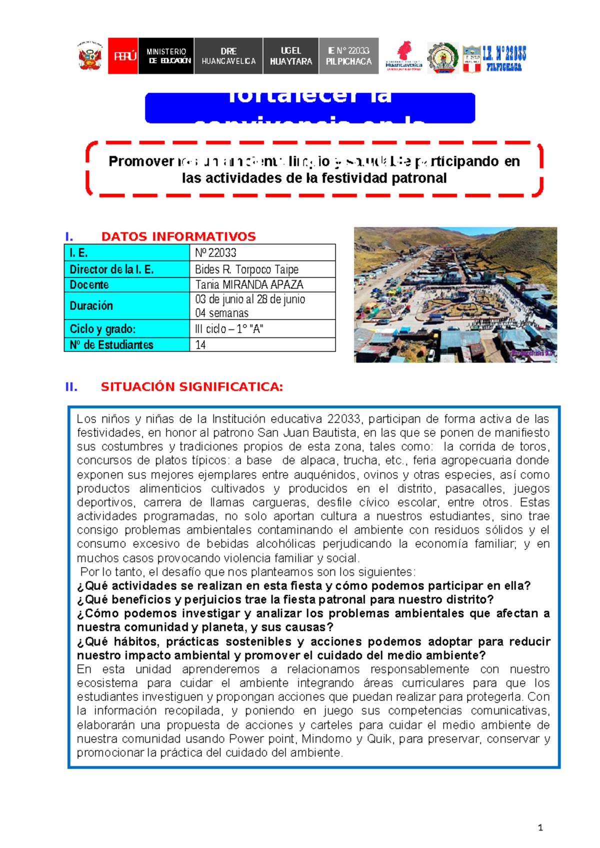 Unidad 03 -IE-22033-2024 - I. DATOS INFORMATIVOS I. E. Nº 22033 ...