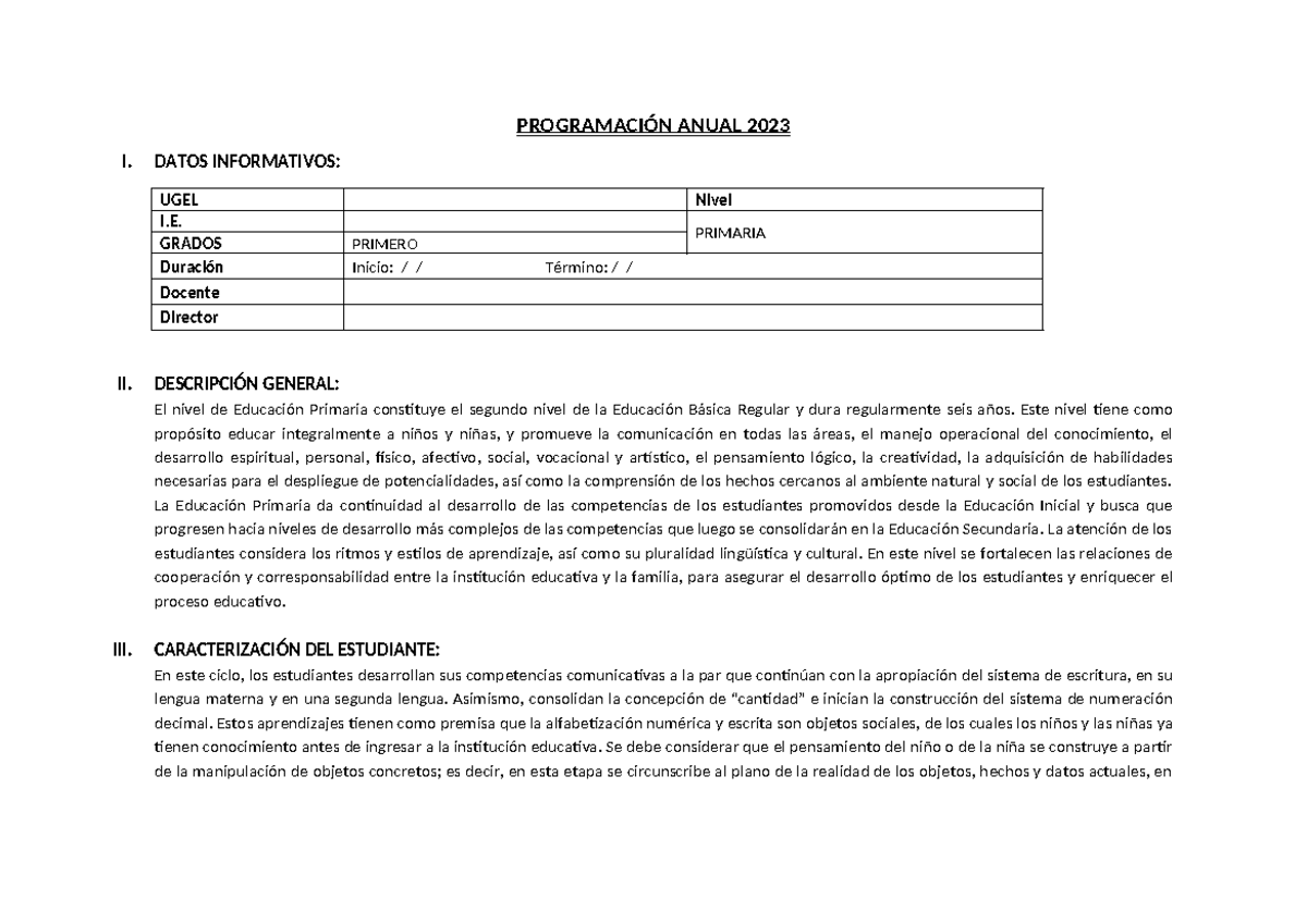 ProgramacióN Anual Primaria (modelo) - PROGRAMACIÓN ANUAL 2023 I. DATOS INFORMATIVOS: II. - Studocu