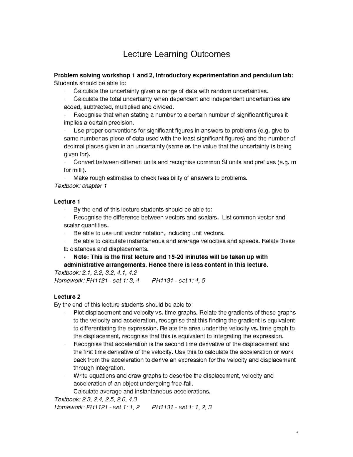 Physics 1A Lecture Learning Outcomes and Topics 1 - Lecture Learning ...