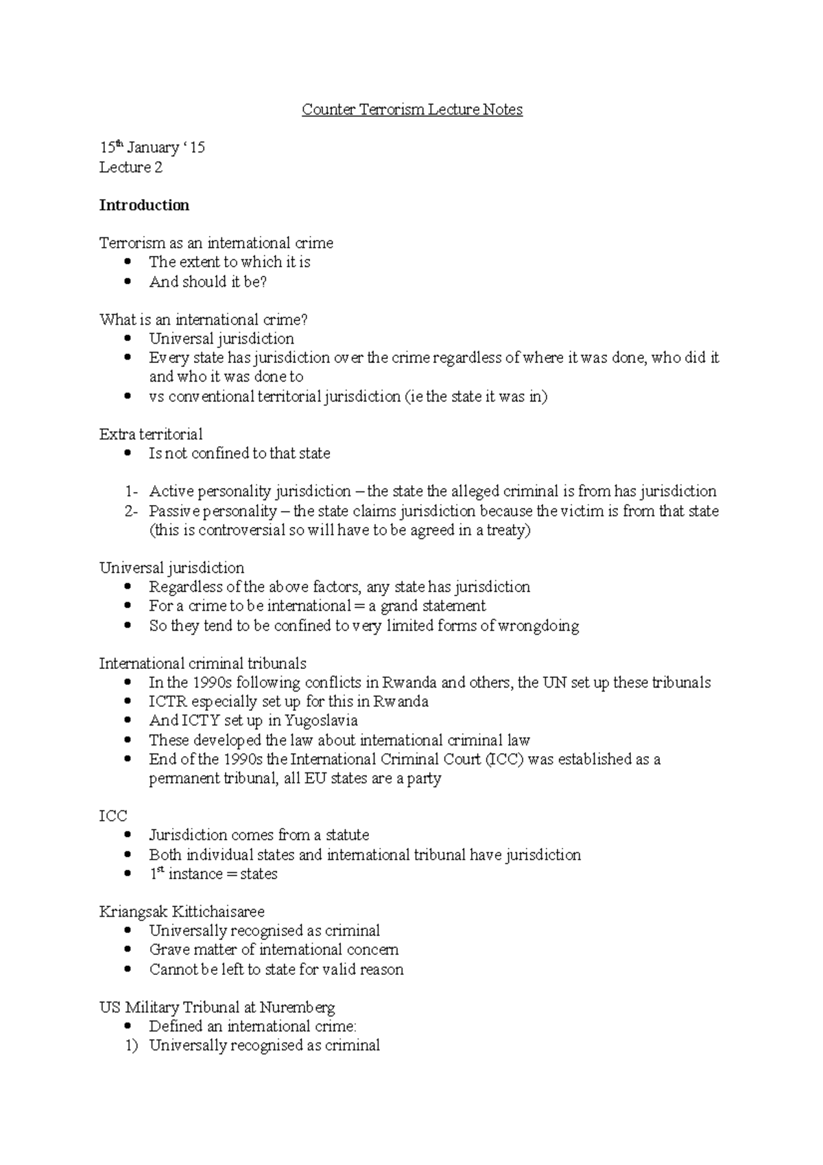 Lecture notes - all lectures - Counter Terrorism Lecture Notes 15th ...