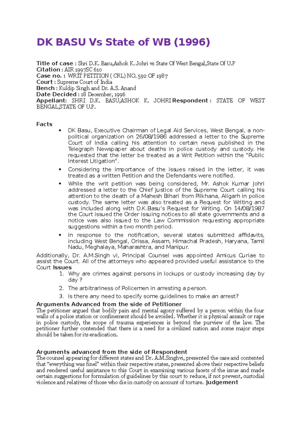 Case study 2 - notes - DK BASU Vs State of WB (1996) Title of case ...