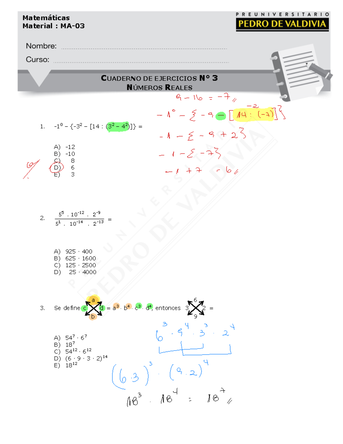 MA-03 Números Reales-4 - C UADERNO DE EJERCICIOS N° 3 NÚMEROS R EALES ...