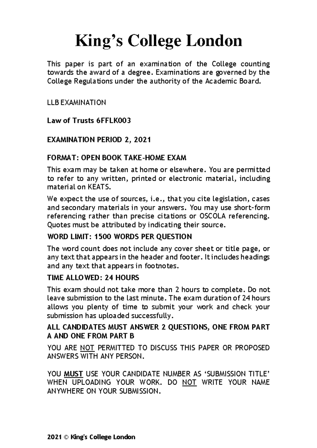 6FFLK003 Exam paper - 2020-21 - 2021 © King's College London King’s ...