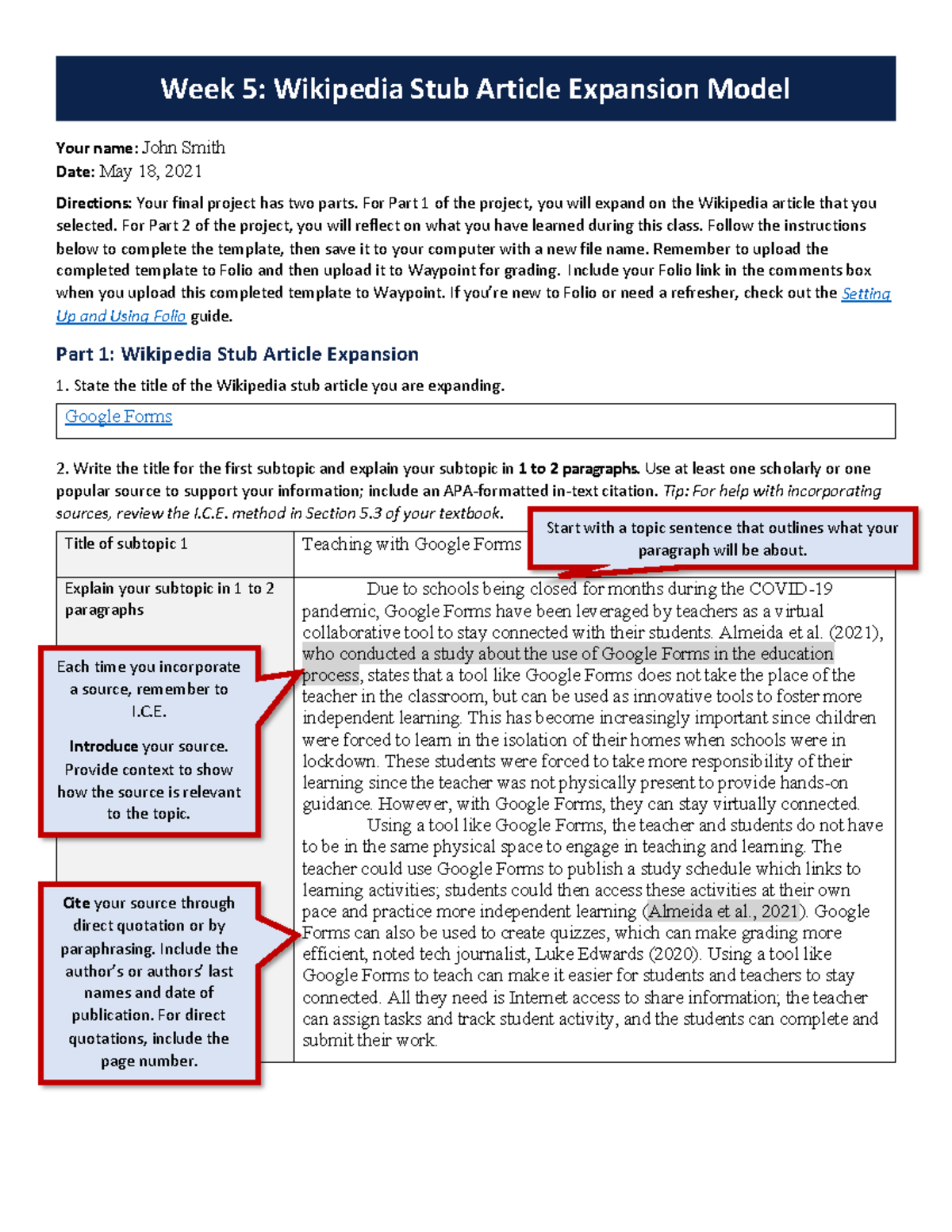 Week 5 Wikipedia Stub Article Expansion Model - Your name: John Smith ...