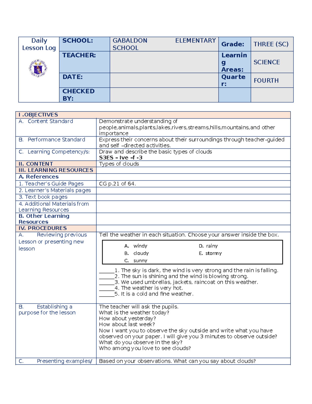 Grade 3 COT Science Q4 - LESSON PLAN - Daily Lesson Log SCHOOL ...
