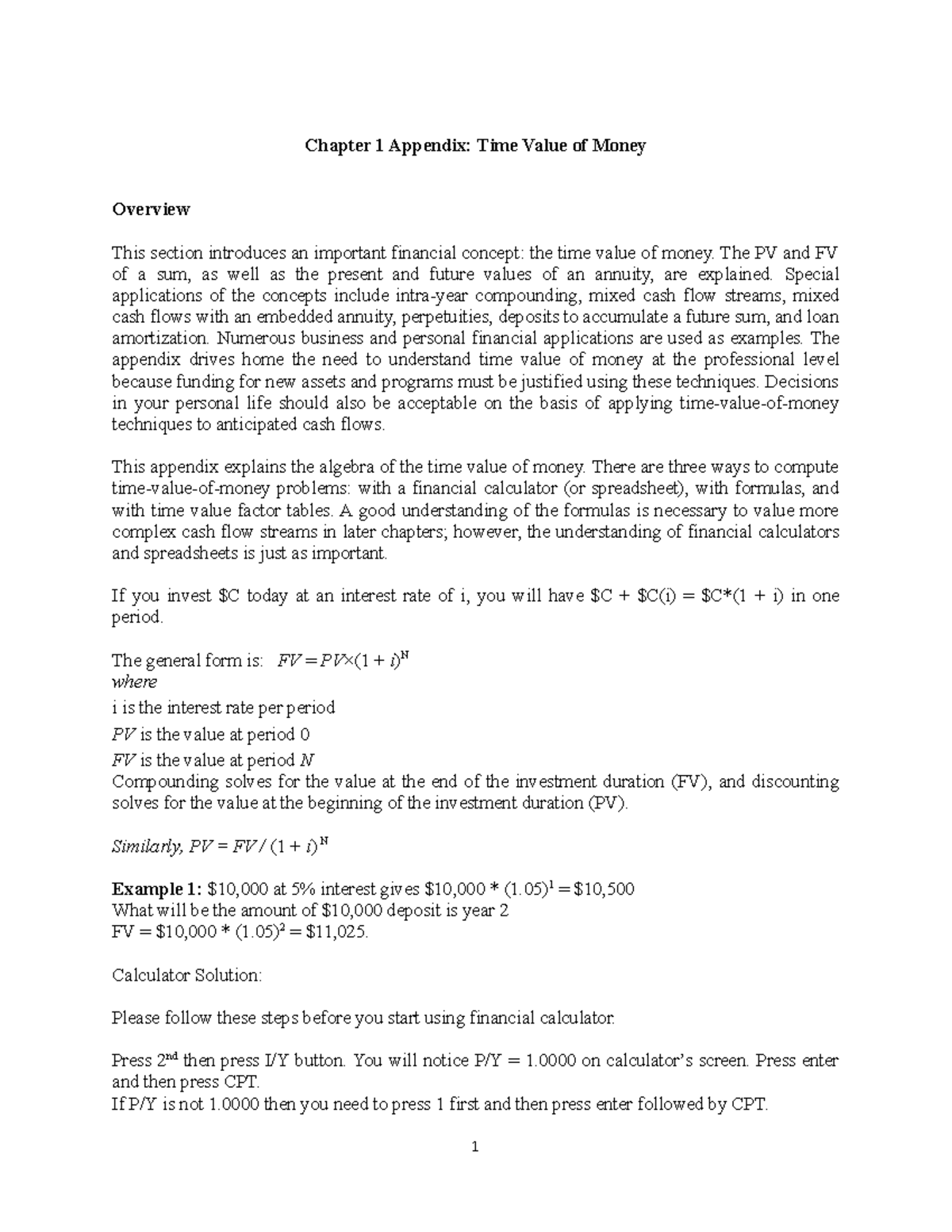 Chapter 1 Appendix Time Value of Money - The PV and FV of a sum, as well as the present and ...