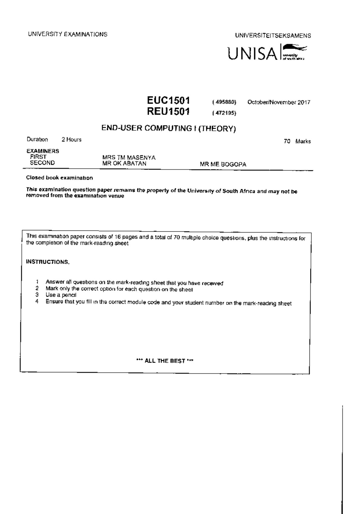 EUC1501 2017 10 E 1 - Euc previous exam - EUP1501 - Studocu