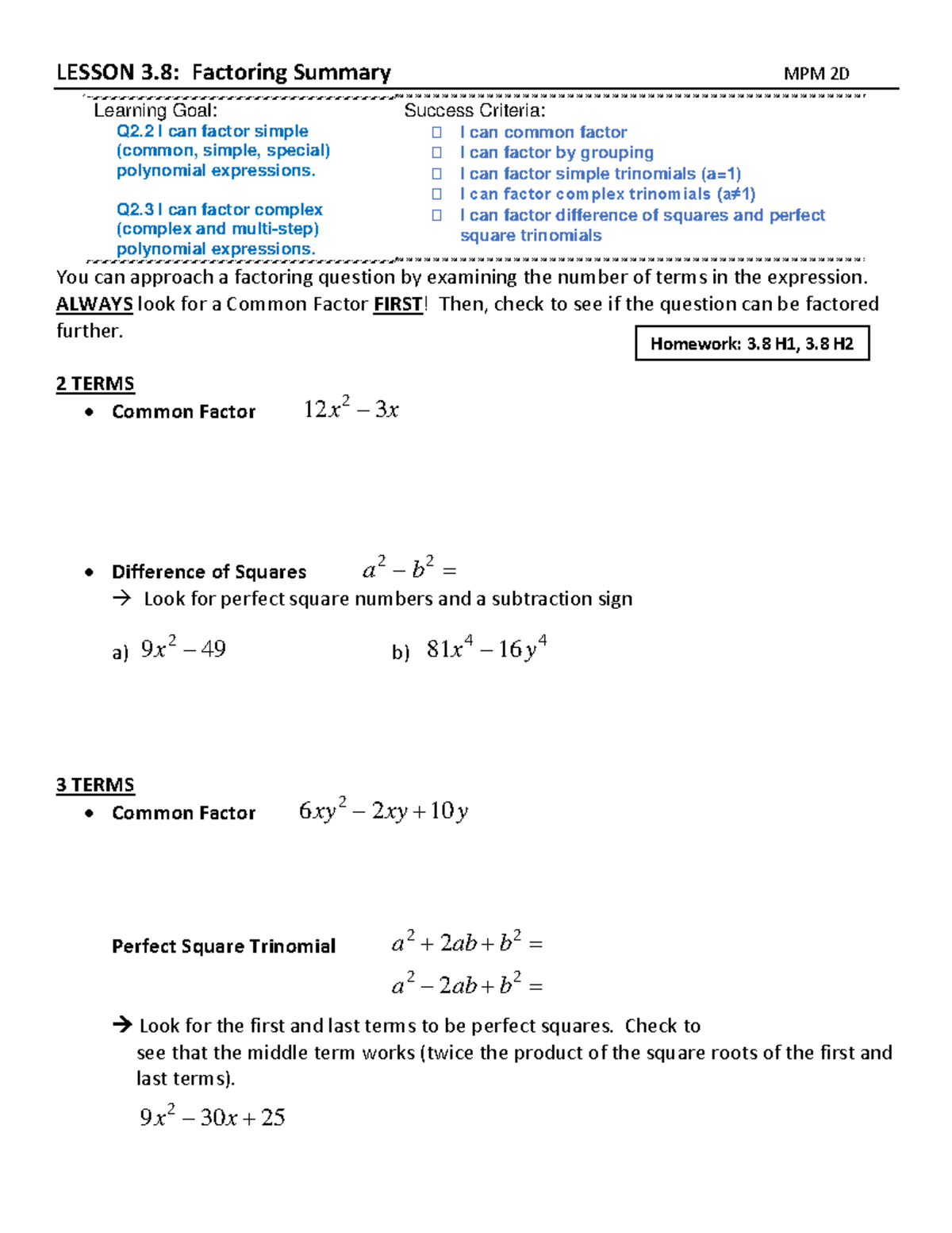 3.8 - Factoring Summary - LESSON 3: Factoring Summary MPM 2D You can ...