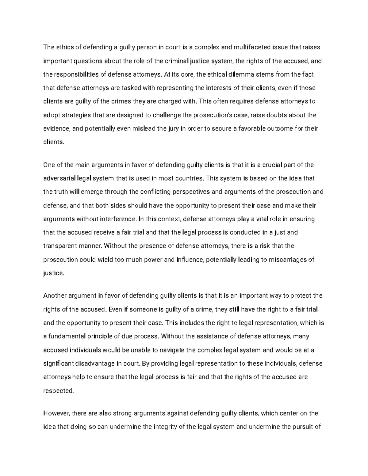 Criminal justice final paper - The ethics of defending a guilty person ...