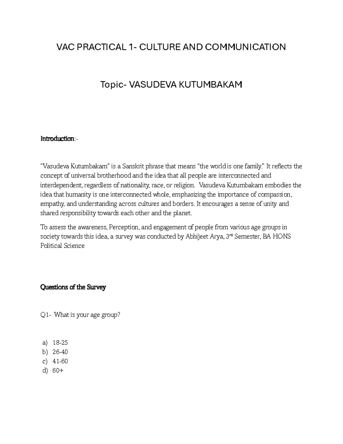 VAC - Bxndm - VAC PRACTICAL 1- CULTURE AND COMMUNICATION Topic- VASUDEVA KUTUMBAKAM Introduction ...