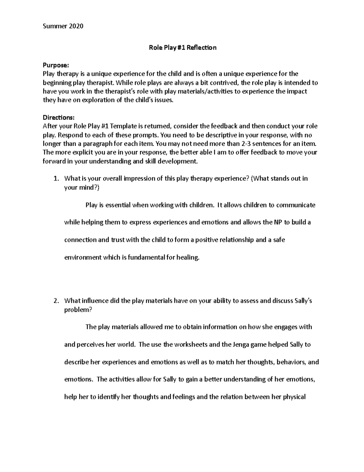O'Neal - reflection on role play for child therapy - Summer 2020 Role ...