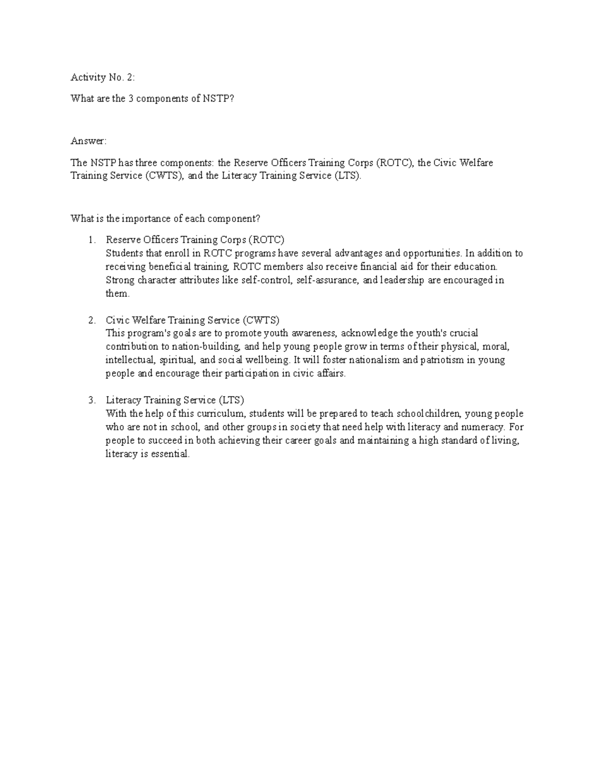 CWTS Activity 2 M hyfbn Activity No 2 What Are The 3 Components