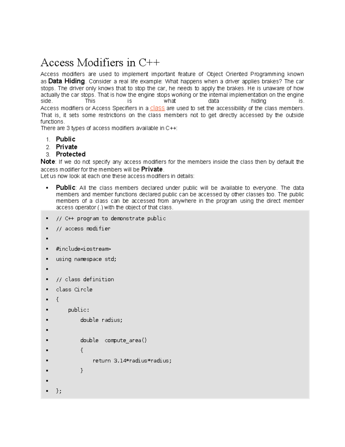 Unit 3 - bca 3 rd sem unit 4 lecture notes. - Access Modifiers in C++ ...