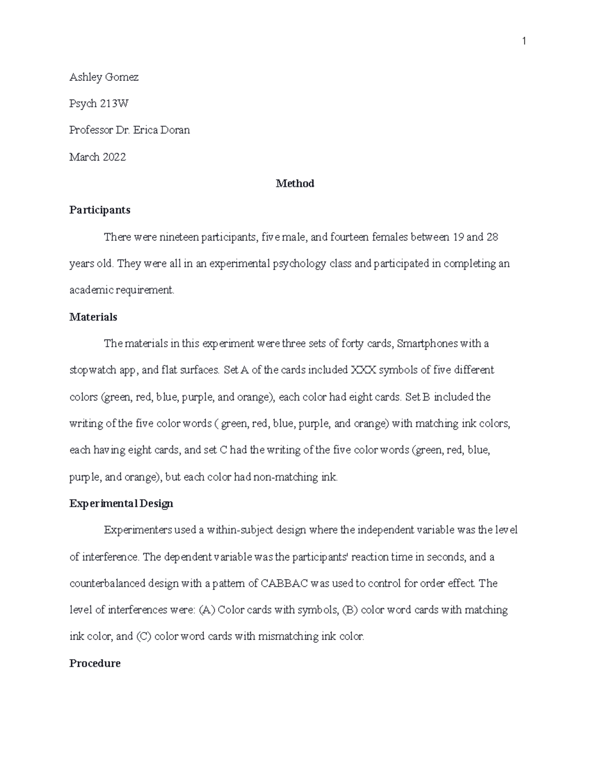 Draft Method sections of lab 2 - 1 Ashley Gomez Psych 213W Professor Dr ...