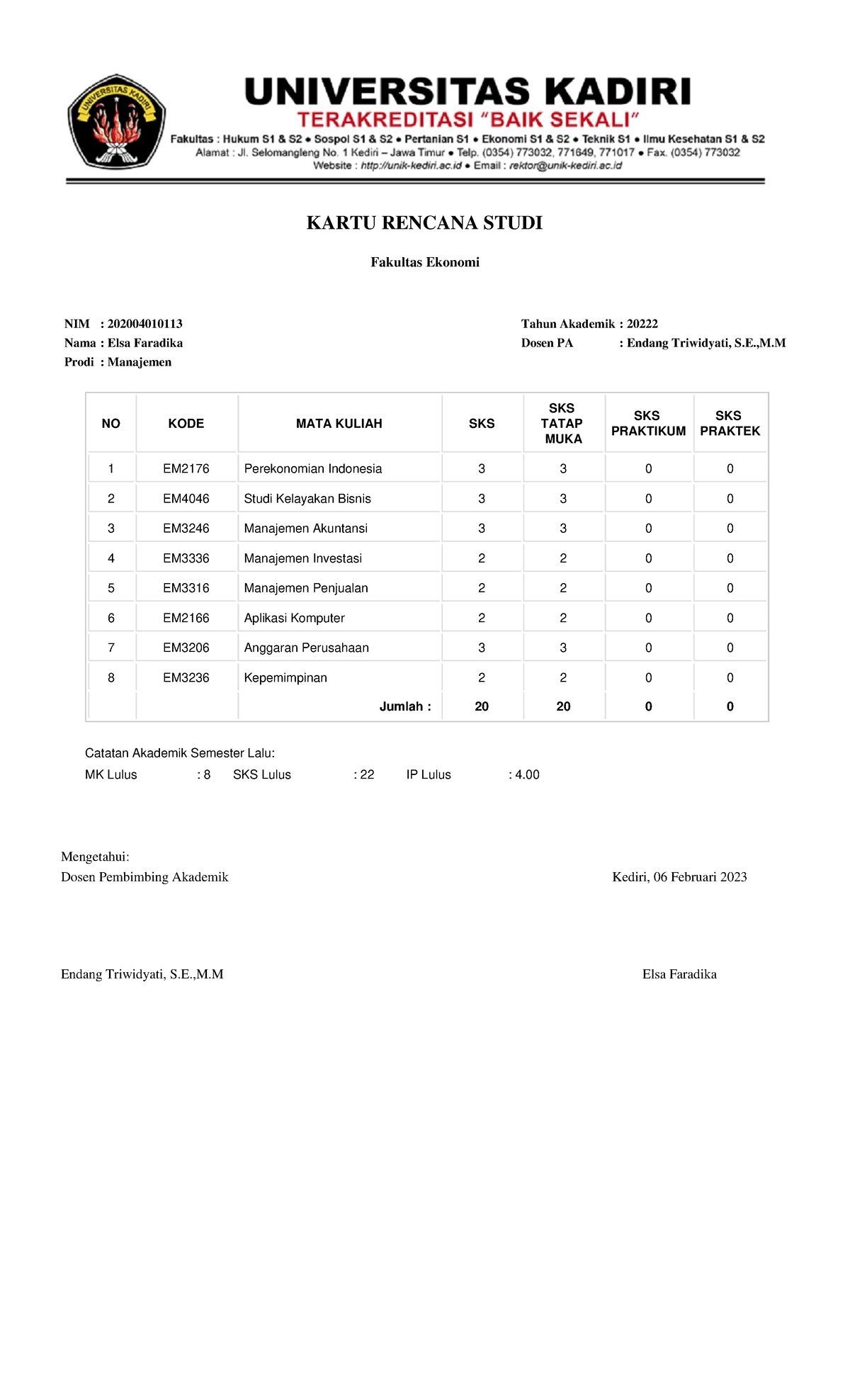 Sistem Informasi Akademik Mahasiswa - KARTU RENCANA STUDI Fakultas Ekonomi NIM : 202004010113 ...