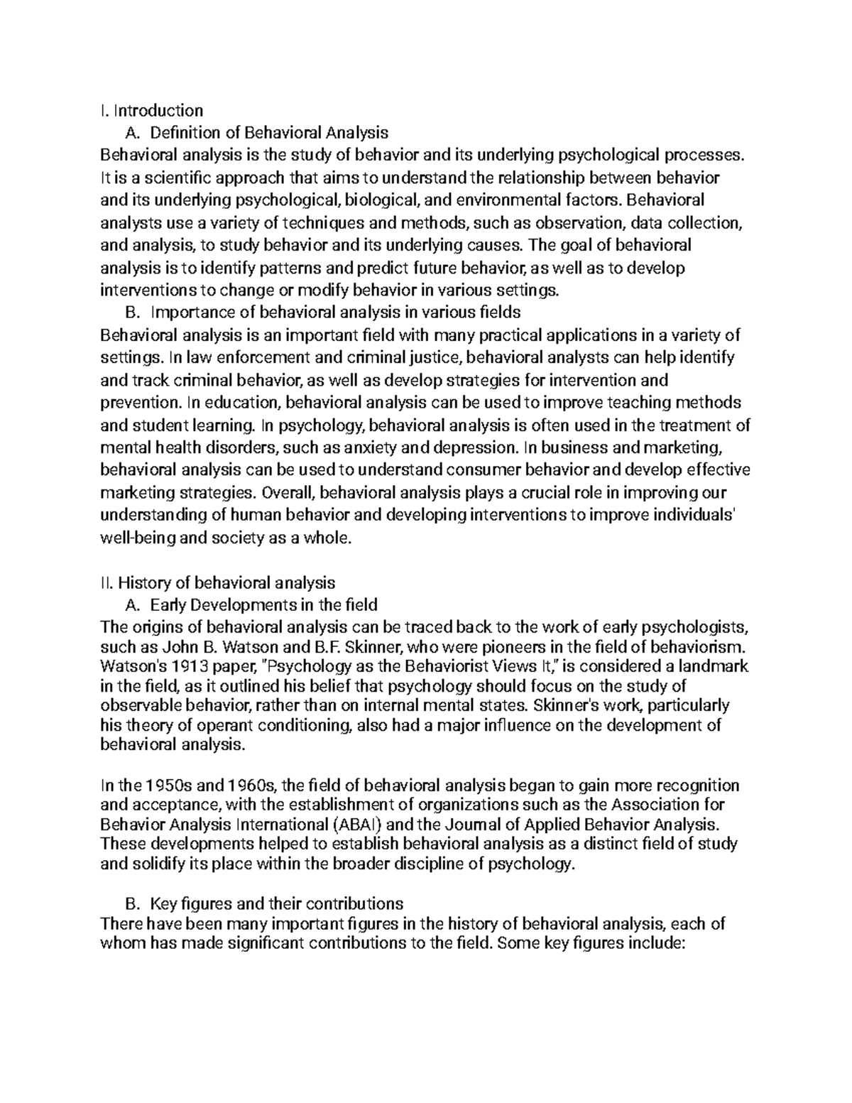 Behavioral Analysis - I. Introduction A. Definition of Behavioral ...