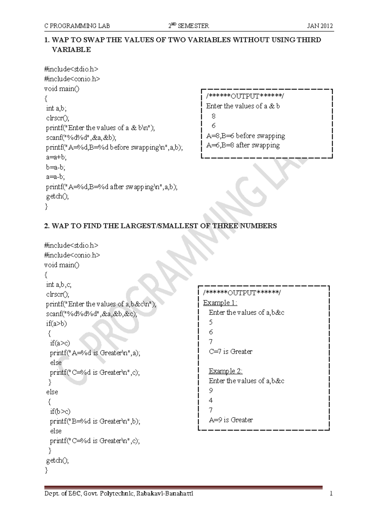 C PROG. Manual - vtu - 1. WAP TO SWAP THE VALUES OF TWO VARIABLES ...