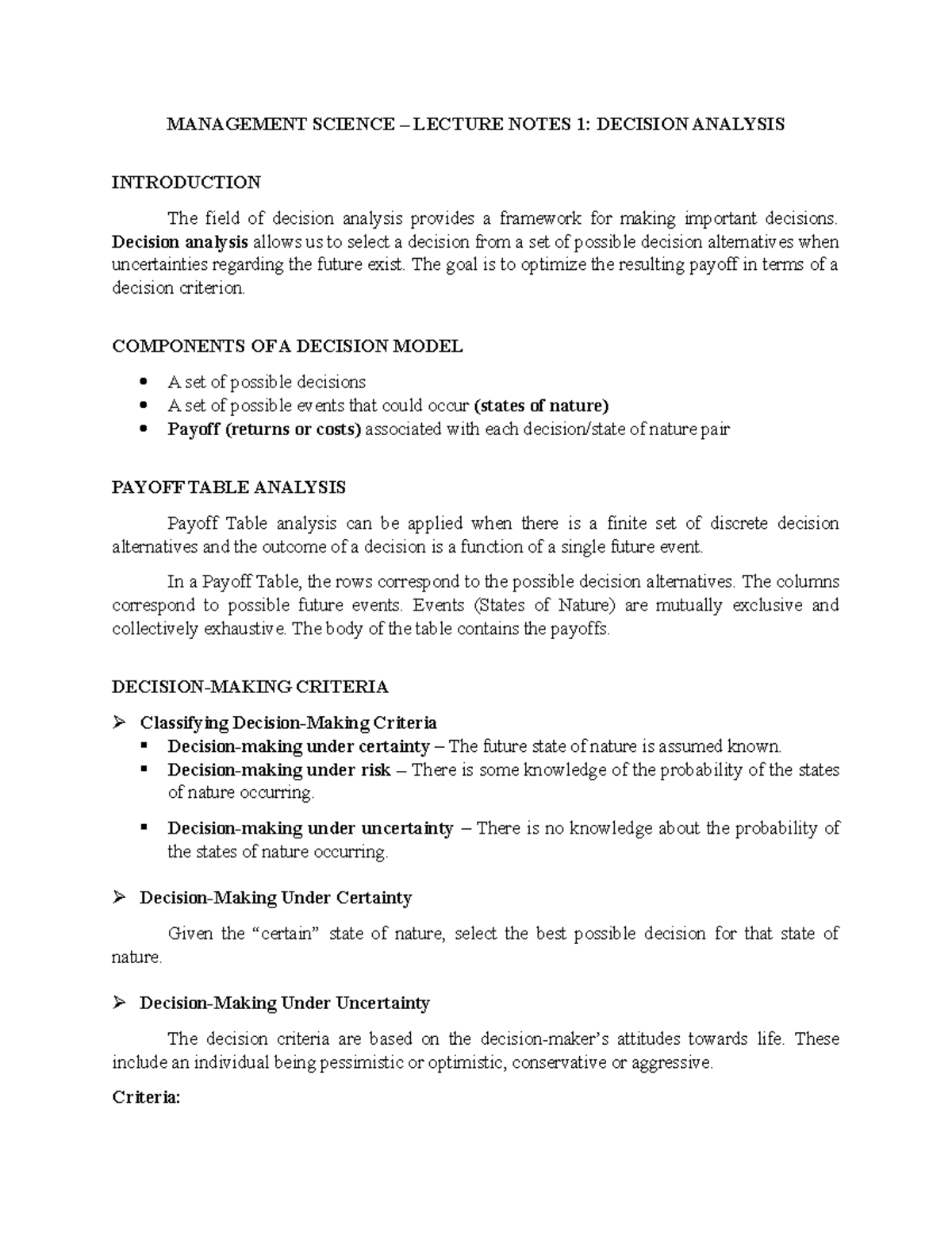 MANSCI Lesson 1: Decision Analysis - MANAGEMENT SCIENCE – LECTURE NOTES ...