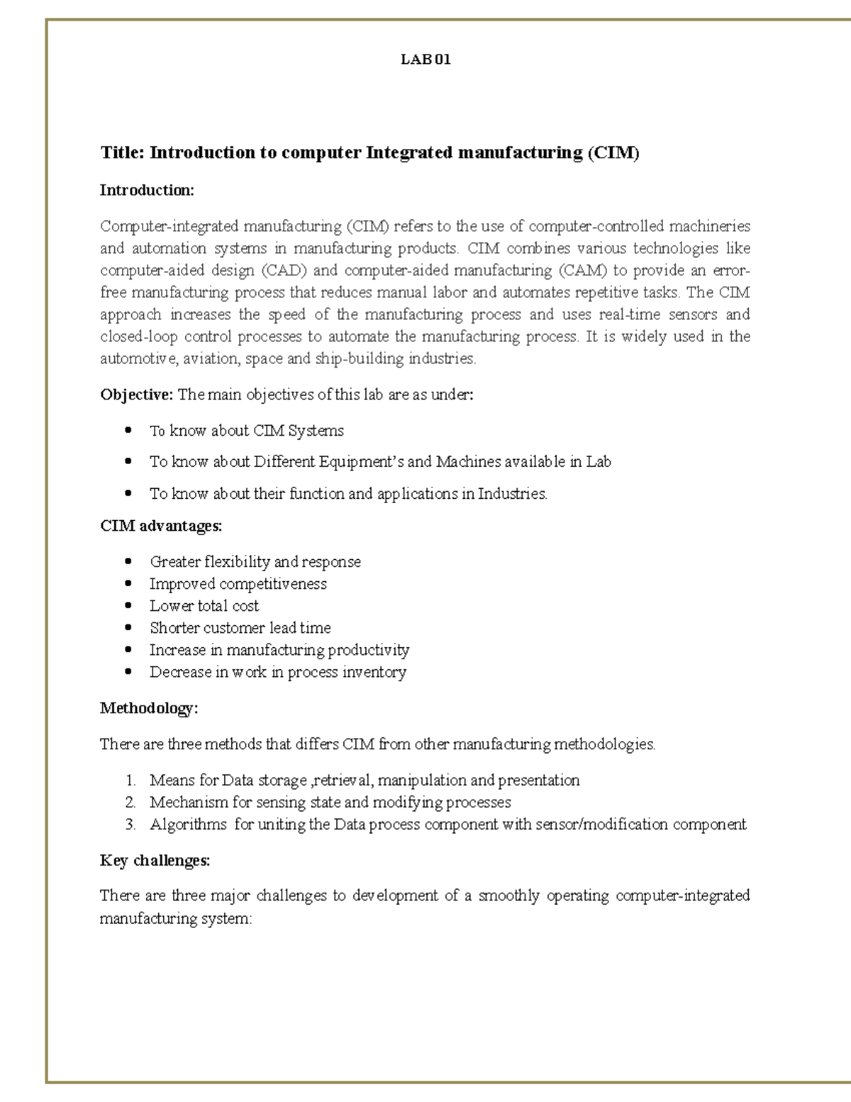 Cim lab - cim lab reports - LAB 01 Title: Introduction to computer ...