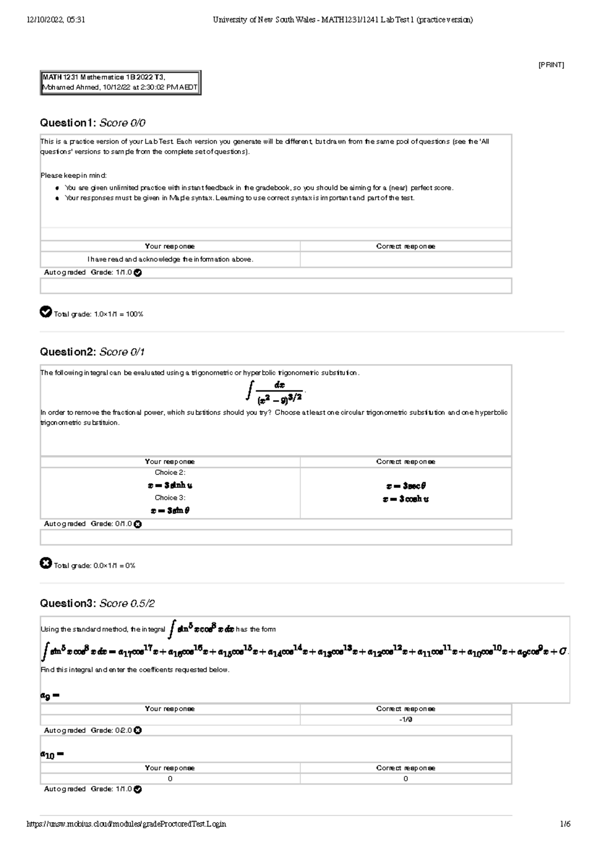 University of New South Wales - MATH1231 1241 Lab Test 1 (practice ...