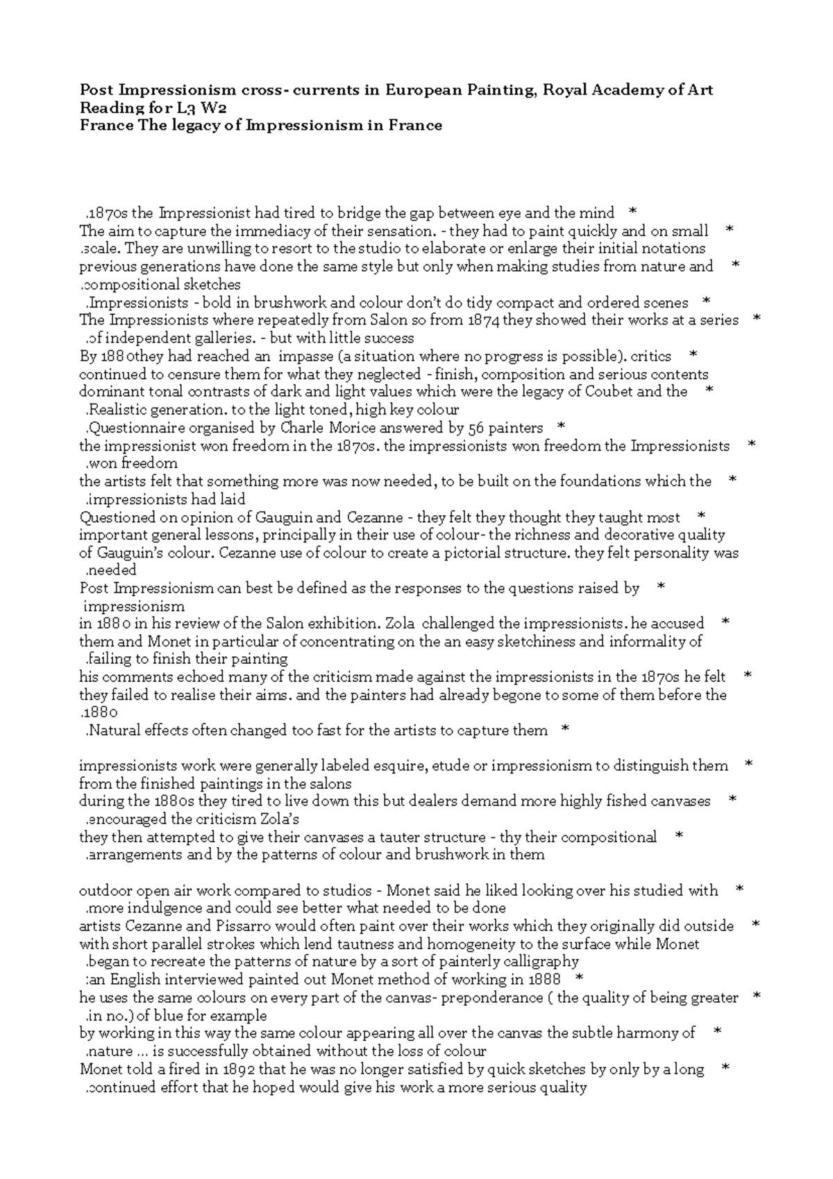 Read W2 L3 Impressionism notes - Post Impressionism cross- currents in ...