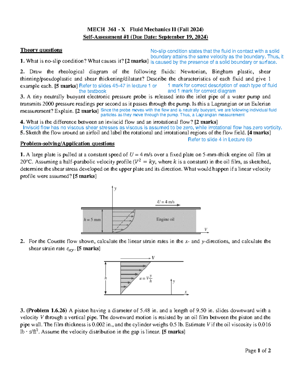 Self-Assessment 1-QA 2 - Page 1 of 2 MECH 361 - X Fluid Mechanics II (Fall 2024 ) Self ...