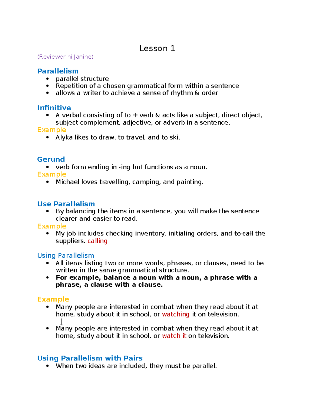 English 8 Reviewer - rev - Lesson 1 (Reviewer ni Janine) Parallelism parallel structure - Studocu