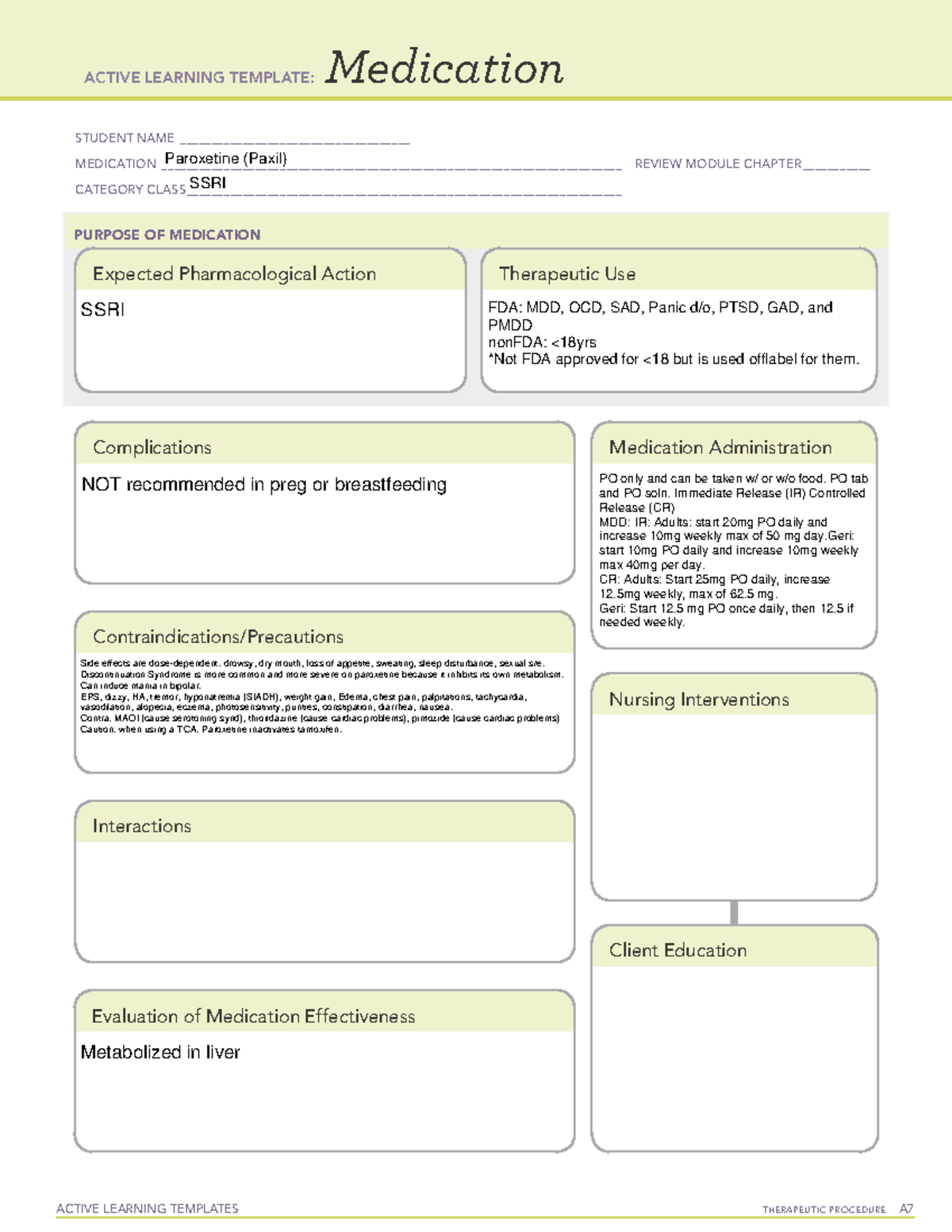 Paroxetine - Drug Card Information - ACTIVE LEARNING TEMPLATES ...