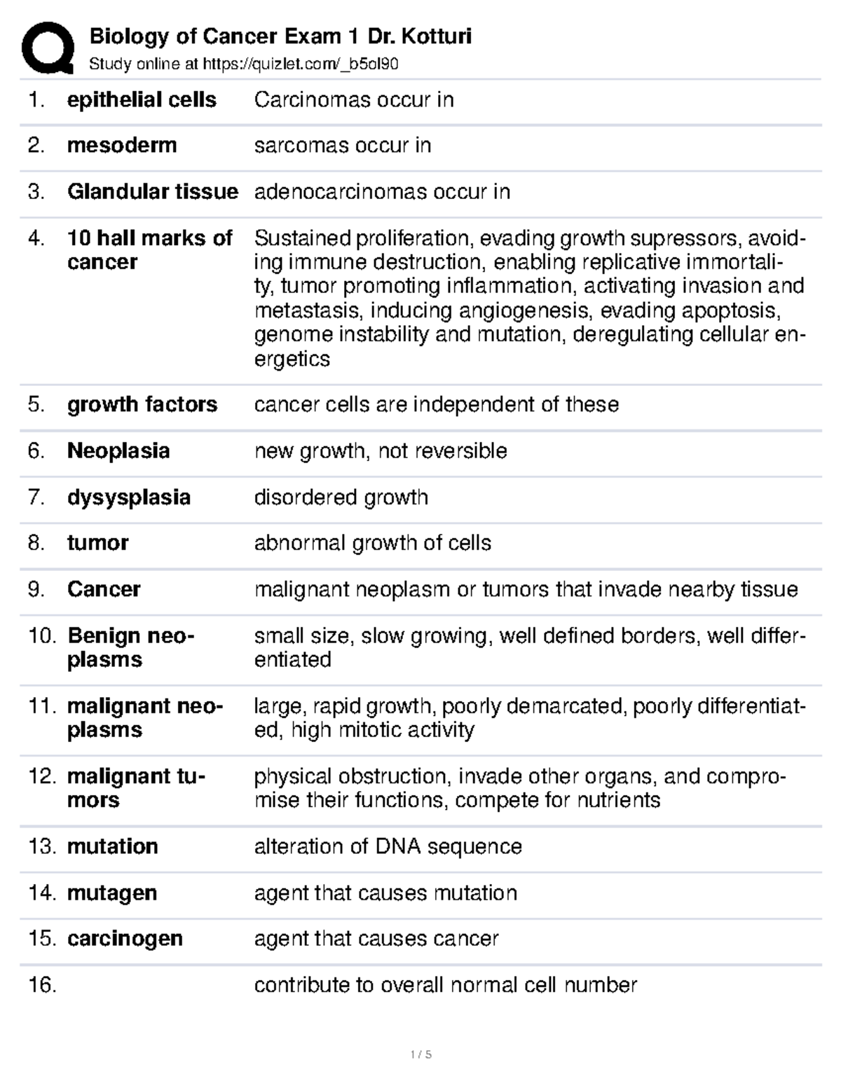 Exam 1 terms biology of cancer - Study online at quizlet/_b5ol ...