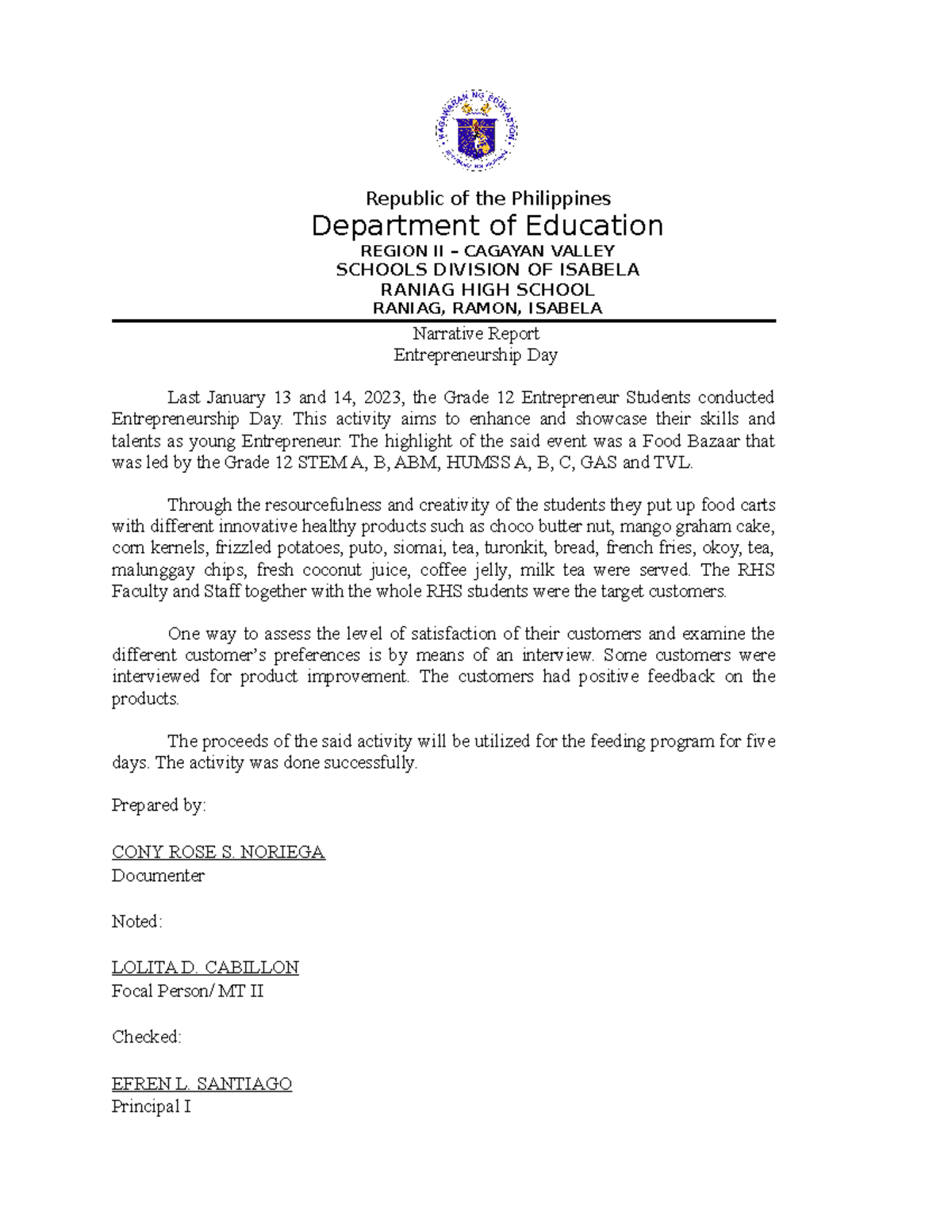 Narrative - Republic of the Philippines Department of Education REGION ...