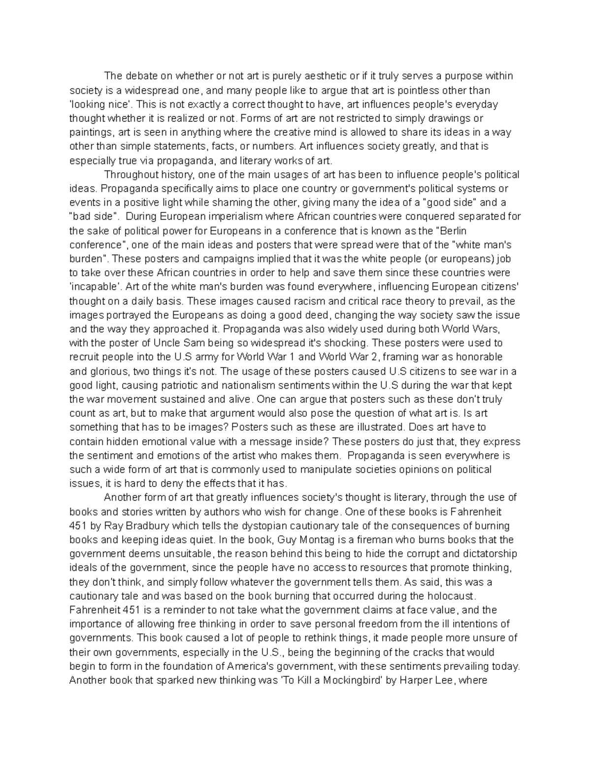 AP Lang Essay - The debate on whether or not art is purely aesthetic or ...