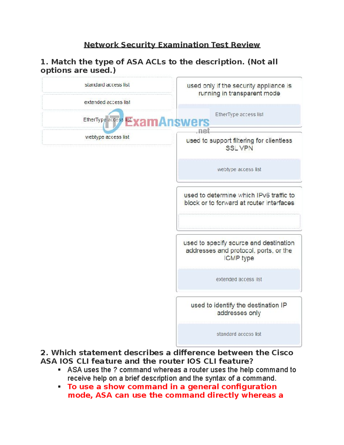 Network Security Examination Test Review - (Not all options are used ...