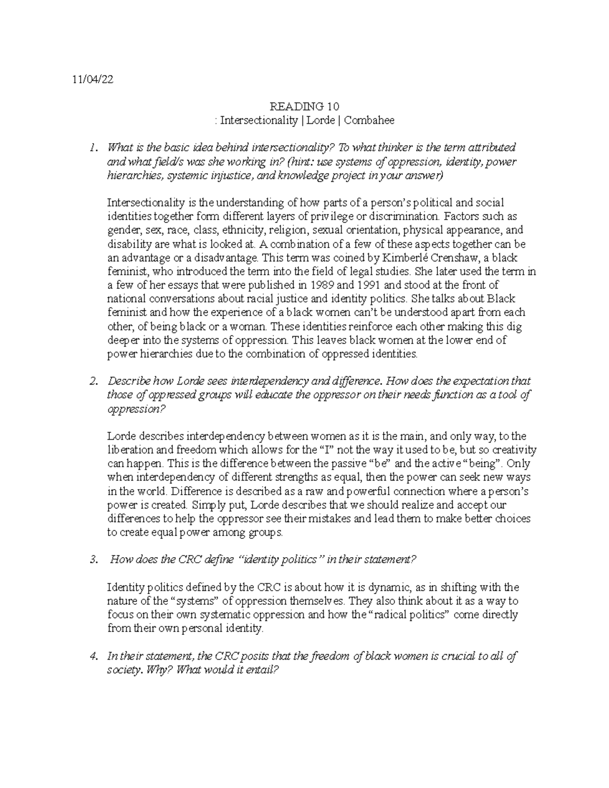 Reading 10 - Prof. Herre - 11/04/ READING 10 : Intersectionality ...