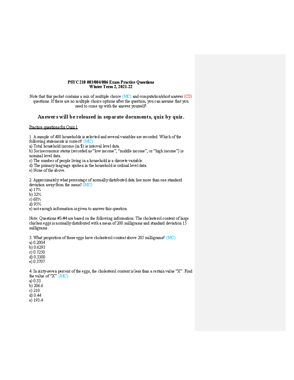 Exam Practice Questions 2022 - PSYC 218 003/004/006 Exam Practice ...