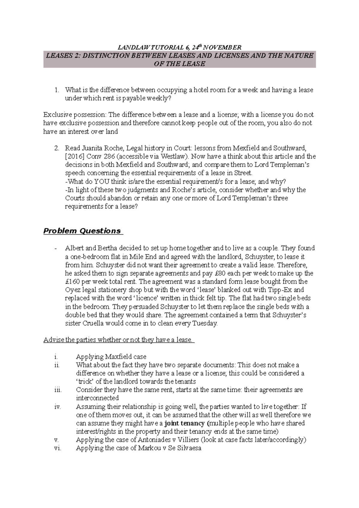 Tutorial 6 Answers - LANDLAW TUTORIAL 6, 24th NOVEMBER LEASES 2 ...