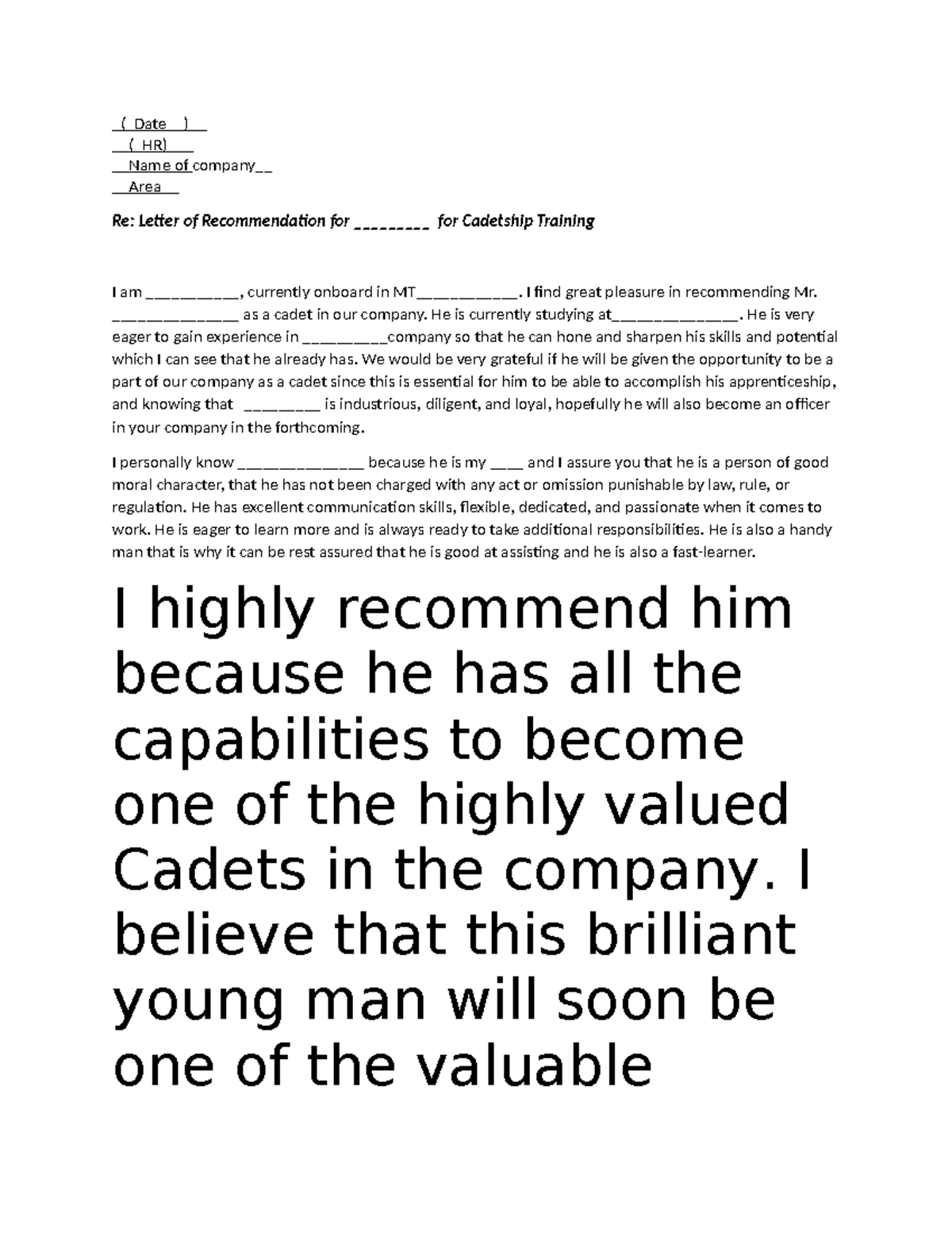 Example Recommendation Letter for Seaman Apprenticeship Training ...