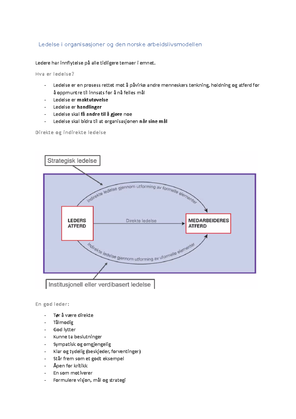Notater, Ledelse i organisasjoner og den norske arbeidslivsmodellen - Ledelse i organisasjoner ...